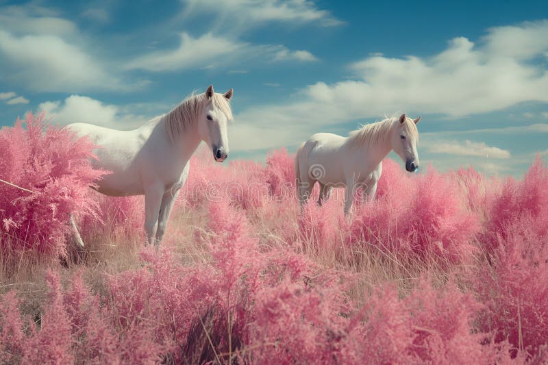A Pair of White Horses Graze on Pink and Peach Grasses Under a Blue Sky ...