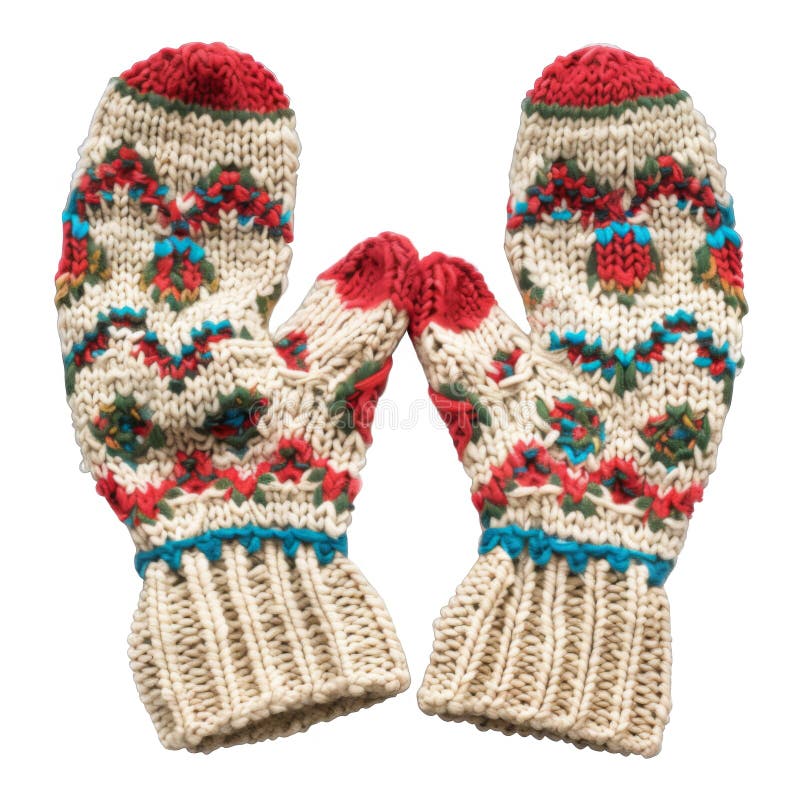 Pair of White Knit Mittens with Red, Blue, and Green Floral Pattern ...
