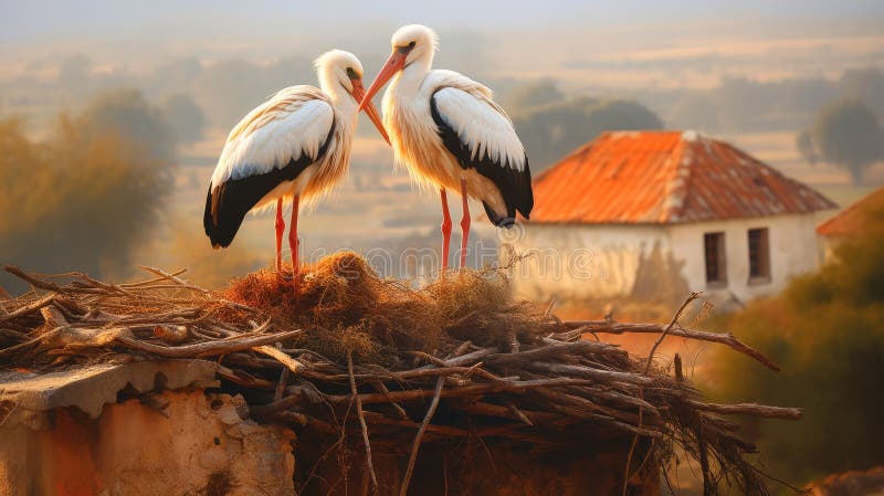Pair of White Stork Birds on a Nest during the Spring Nesting Period ...