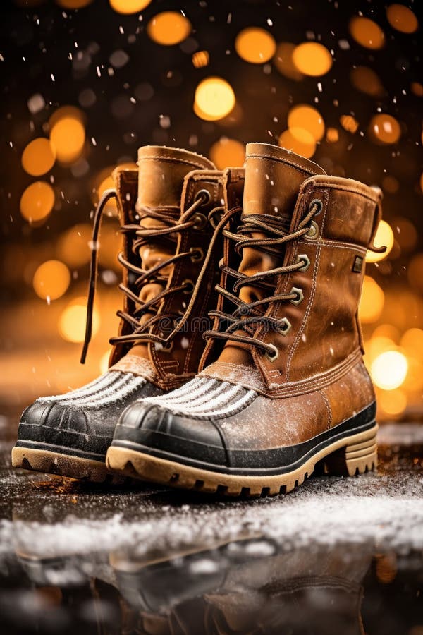 A Pair of Winter Boots with Snow Falling in the Background. Stock Image ...
