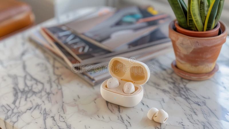 A Pair of Wireless Earbuds P on a Marble Coffee Table Alongside a ...