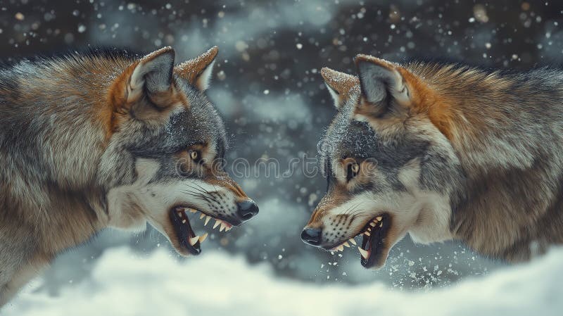 Pair of Wolves Facing Each Other in a Snowy Forest Setting during ...