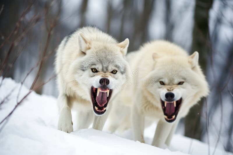 Pair of Wolves Growling Over Territory Mark Stock Image - Image of ...