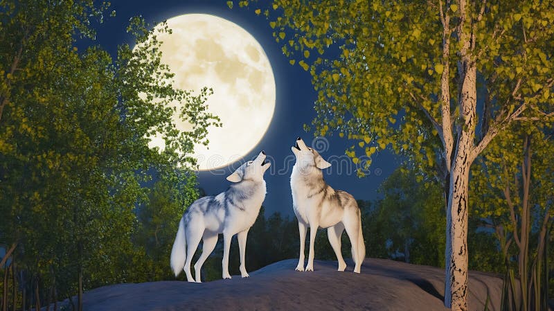 A Pair of Wolves Howling at the Moon with a Forest Backdrop, the ...