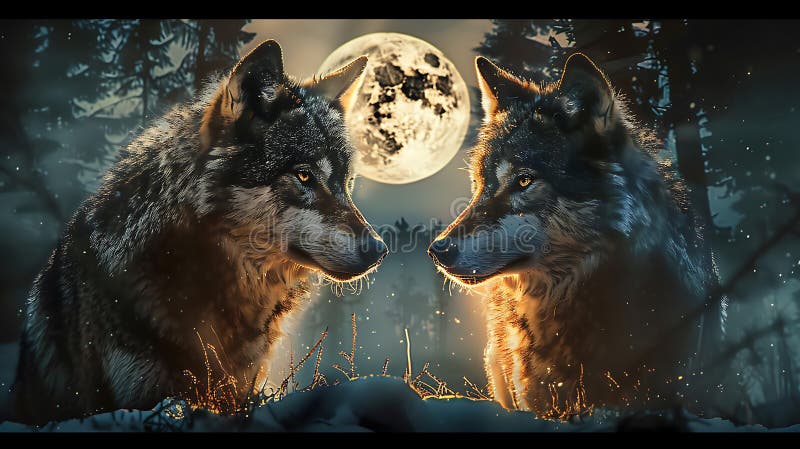 A Pair of Wolves Looking Each Other at Night and Moon, Alpha Wolf ...