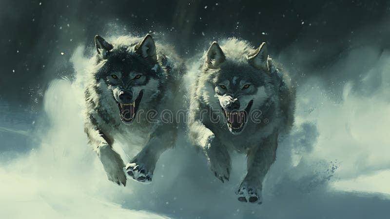 A Pair of Wolves Running Side by Side through a Snow-covered Landscape ...
