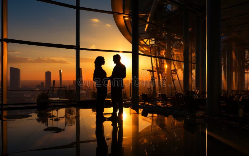 A Pair of Workers Silhouette Against the Sunset. a Couple of People ...