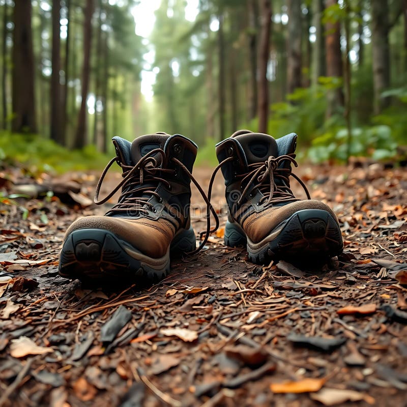 A Pair of Worn Out Hiking Boots Placed on a Forest Trail Stock ...