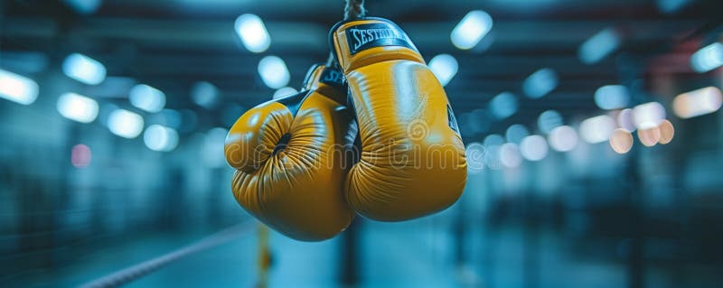 Pair of Yellow Boxing Gloves Suspended from a Rope in a Minimalistic ...