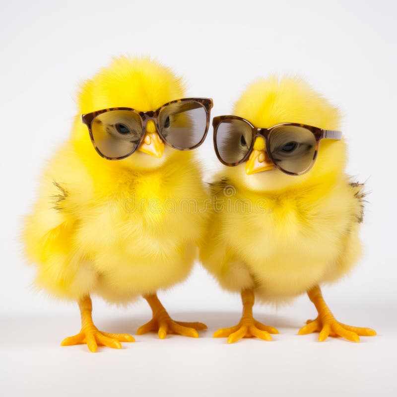 Pair of Yellow Chicks Wearing Sunglasses on White Background in Front ...