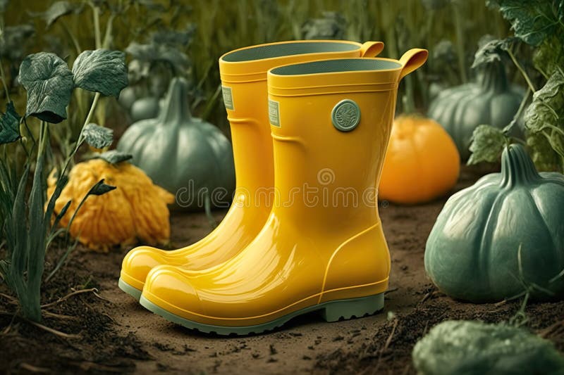 A Pair of Yellow Rubber Boots in the Vegetable Garden. Generative Ai ...