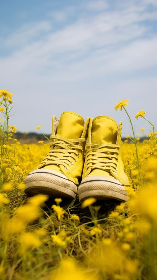 A Pair of Yellow Sneakers in a Yellow Field, Generative AI Stock ...