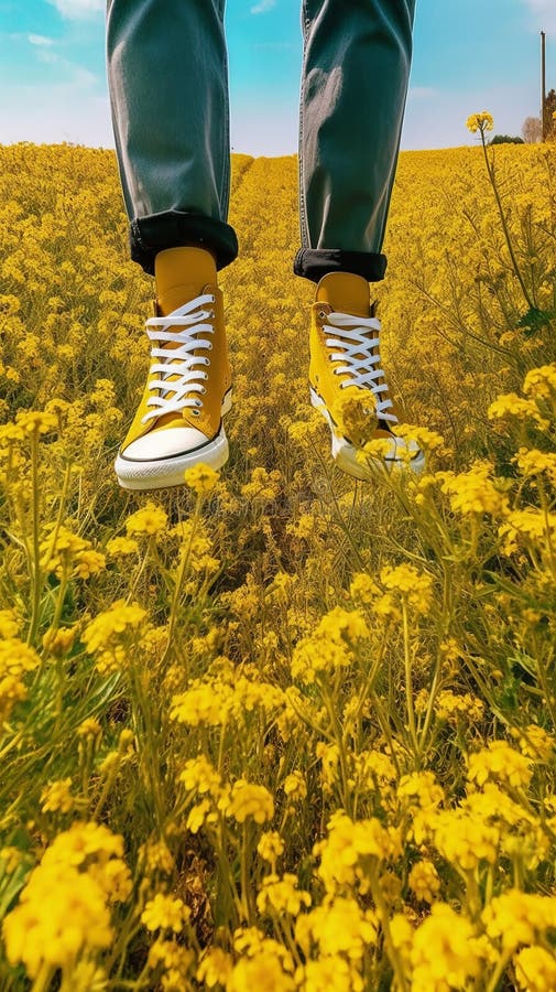 A Pair of Yellow Sneakers in a Yellow Field, Generative AI Stock ...
