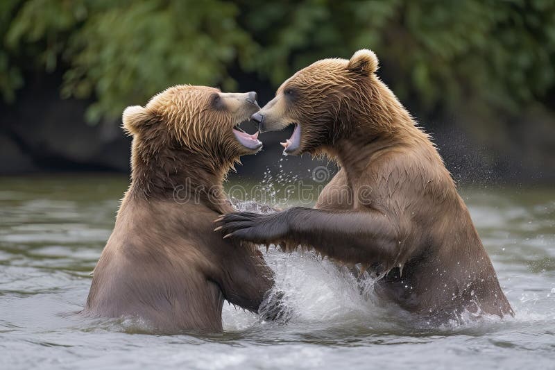 A Pair of Young Brown Bears Fight in the Middle of a River in Alaska ...