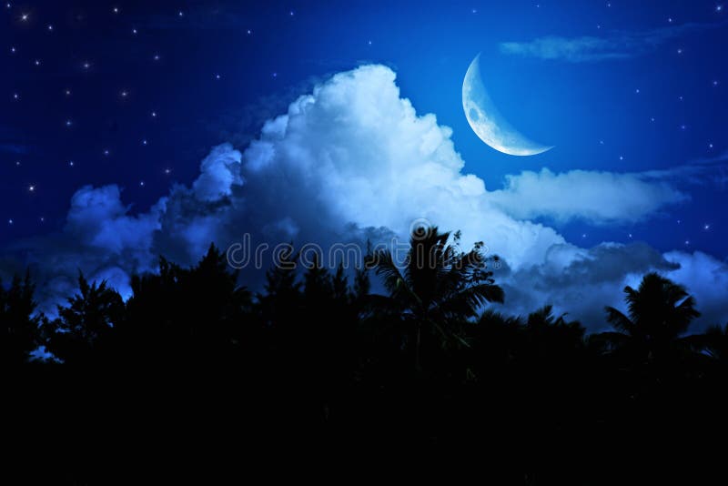 Paisagem Da Noite Com a Lua Imagem de Stock - Imagem de coco, nuvens ...