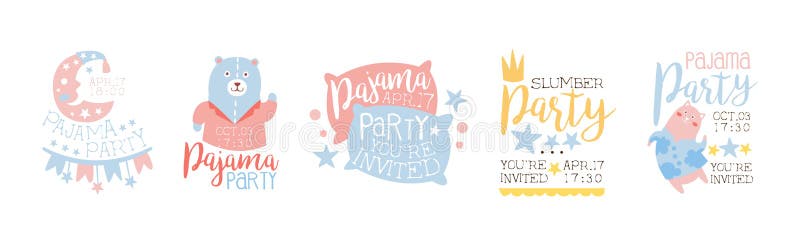 Pajama and Slumber Party Invitation Text Vector Set Stock Illustration ...