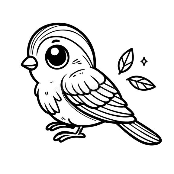Linear Vector Drawing of a Little Bird in Black and White Stock Vector ...