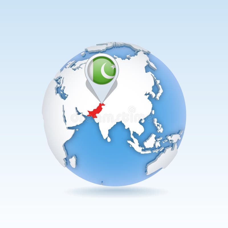 Pakistan - Country Map and Flag Located on Globe, World Map. Stock ...