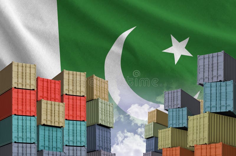 Pakistan Flag and Big Stack of Shipping Cargo Containers in Docks with ...