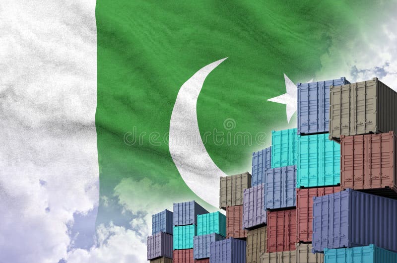 Pakistan Flag and Big Stack of Shipping Cargo Containers in Docks with ...