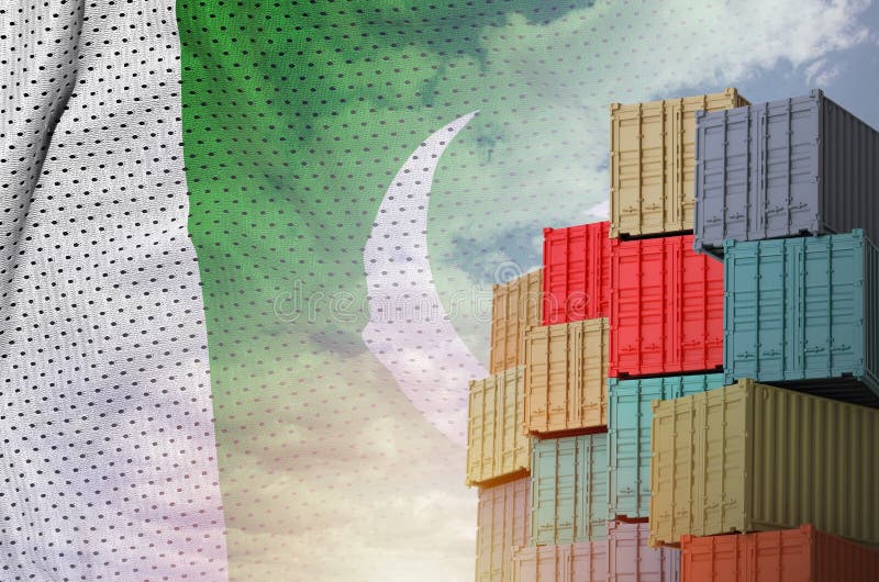 Pakistan Flag and Big Stack of Shipping Cargo Containers in Docks with ...