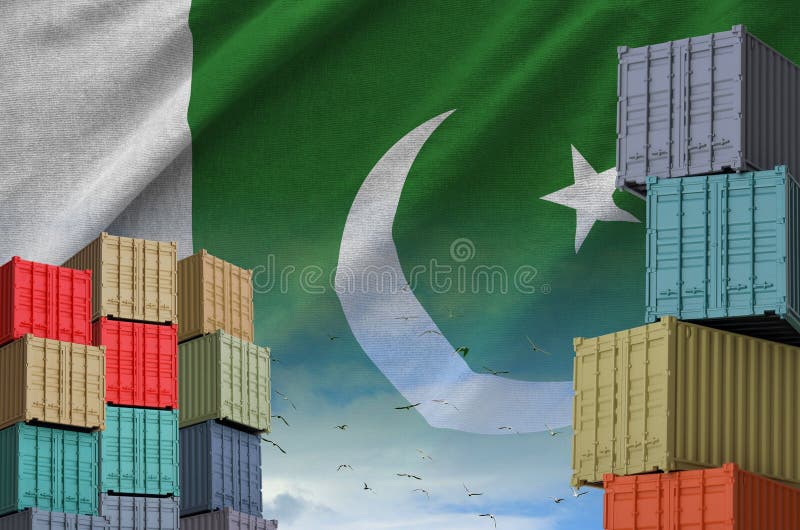Pakistan Flag and Big Stack of Shipping Cargo Containers in Docks with ...
