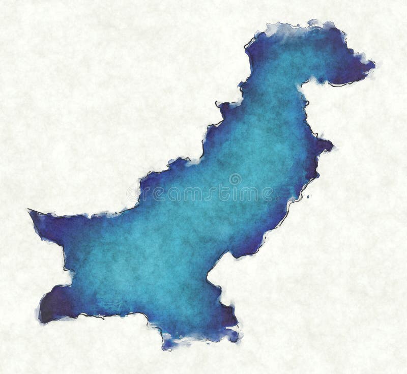 Pakistan Map with Drawn Lines and Blue Watercolor Illustration Stock ...