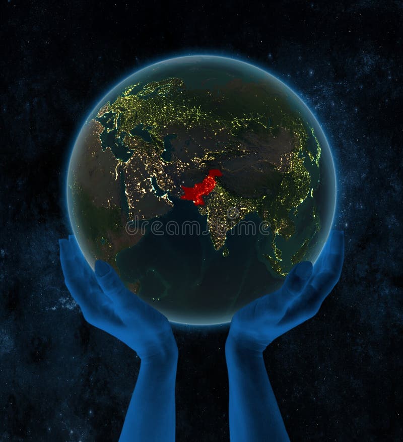 Pakistan on Night Earth in Hands in Space Stock Illustration ...