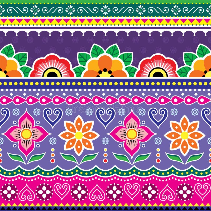 Pakistani or Indian Truck Art Vector Seamless Pattern with Flowers and ...