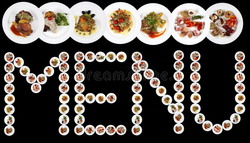 Palabra Del MENÚ Escrita Con Las Placas De La Comida Imagen de archivo ...