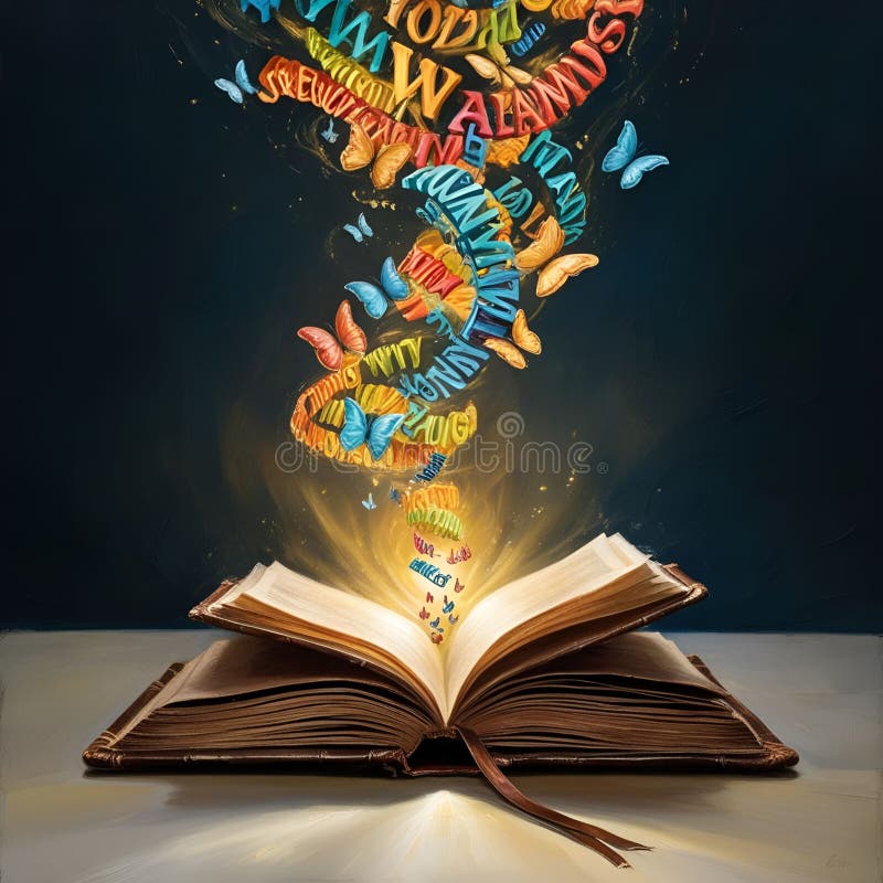 Palabras Voladoras E Ideas De Un Libro Abierto Stock de ilustración ...