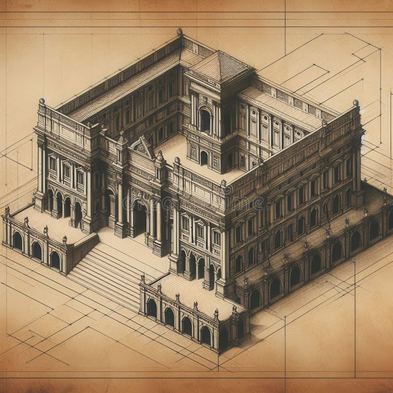 Precise Ink Drawing of Palace Architecture Stock Illustration ...