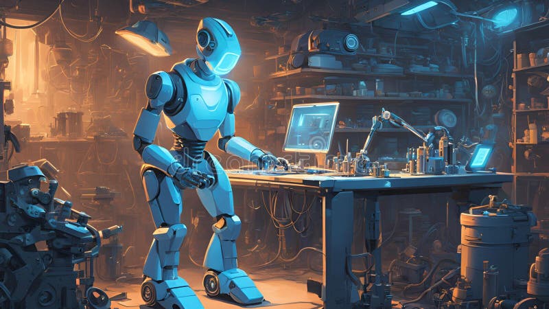A Humanoid Robot Stands in a Cluttered Workshop Stock Illustration ...