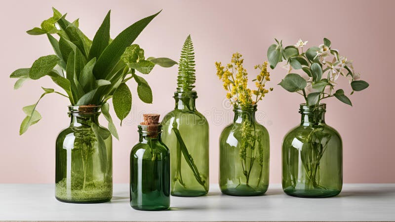 Five Green Glass Bottles of Varying Sizes Display Different Types of ...