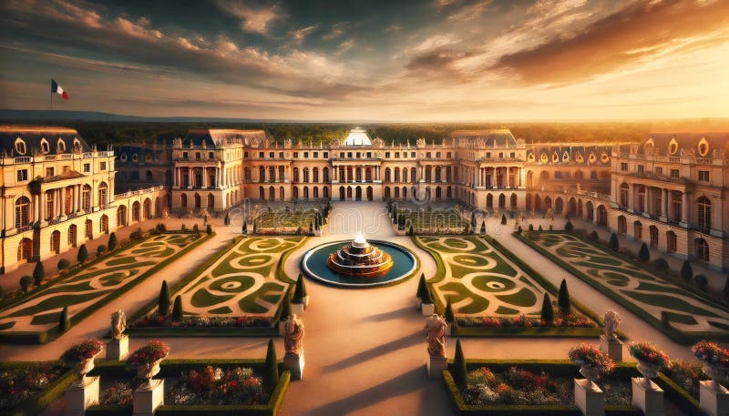 Palace of Versailles with a French Flag Waving at Sunset Stock Image ...