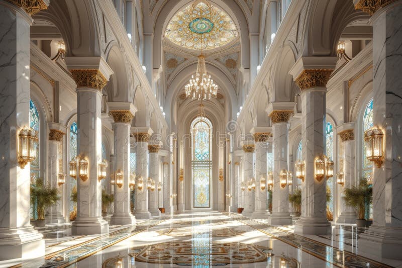A Palatial Prayer Hall within a Luxurious Mosque Stock Illustration ...