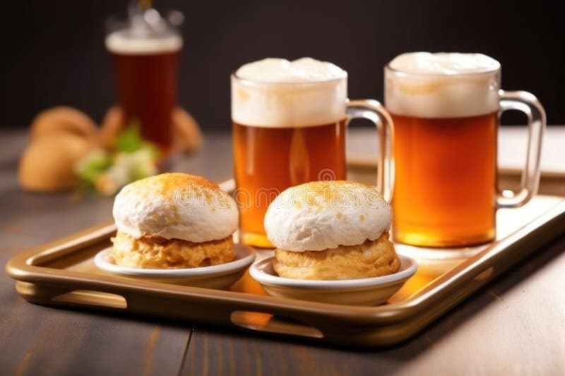 Pale Ale with Frothy Top on a Coaster, Bbq Sliders on a Ceramic Dish ...