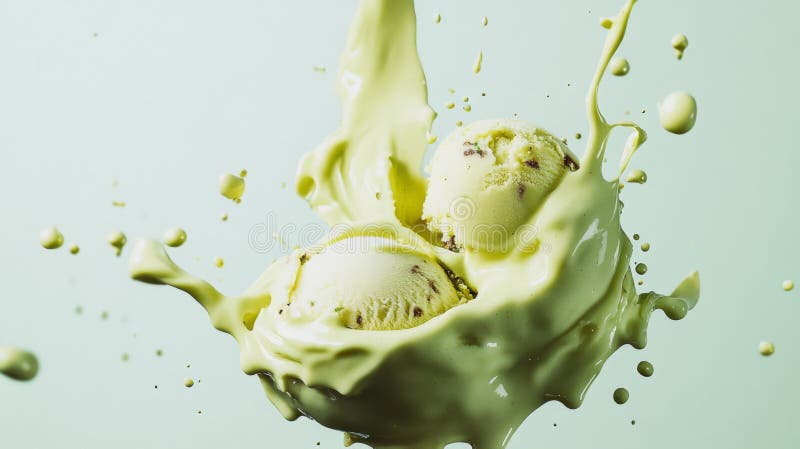Pale Green Ice Cream Scoops Splashing on Light Green Background Stock ...