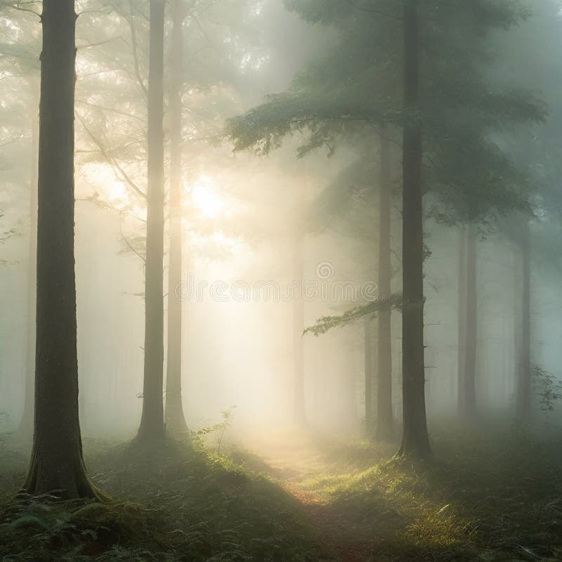 Pale Light Breaking through the Fog in a Forest, Ai Generated Stock ...