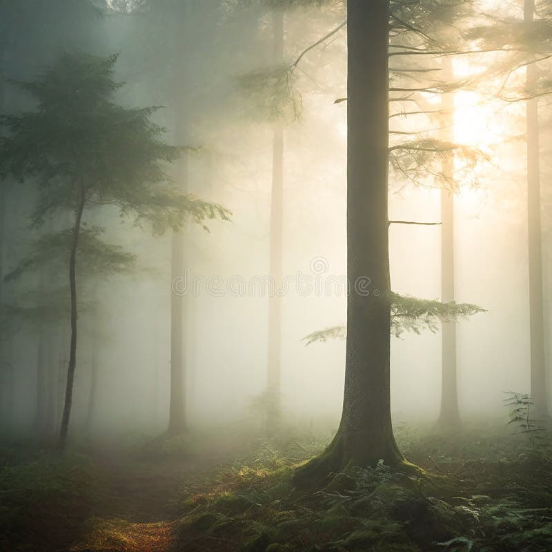 Pale Light Breaking through the Fog in a Forest, Stock Illustration ...