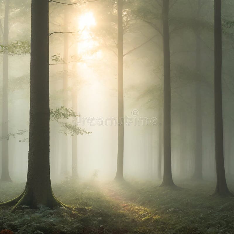 Pale Light Breaking through the Fog in a Forest Stock Illustration ...