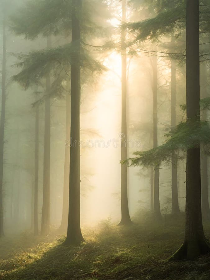Pale Light Breaking through the Fog in a Forest, Stock Illustration ...