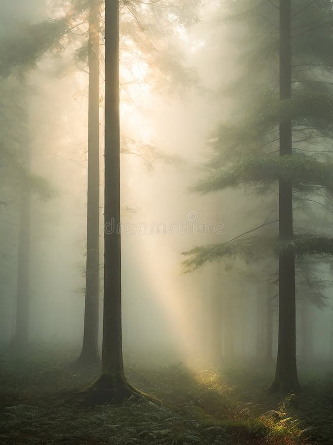 Pale Light Breaking through the Fog in a Forest, Stock Illustration ...