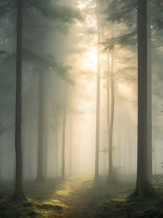 Pale Light Breaking through the Fog in a Forest Stock Illustration ...