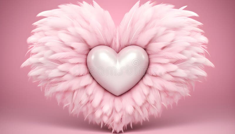 Pale Pink Heart Decorated with Pale Pink Feathers on a Pink Background ...
