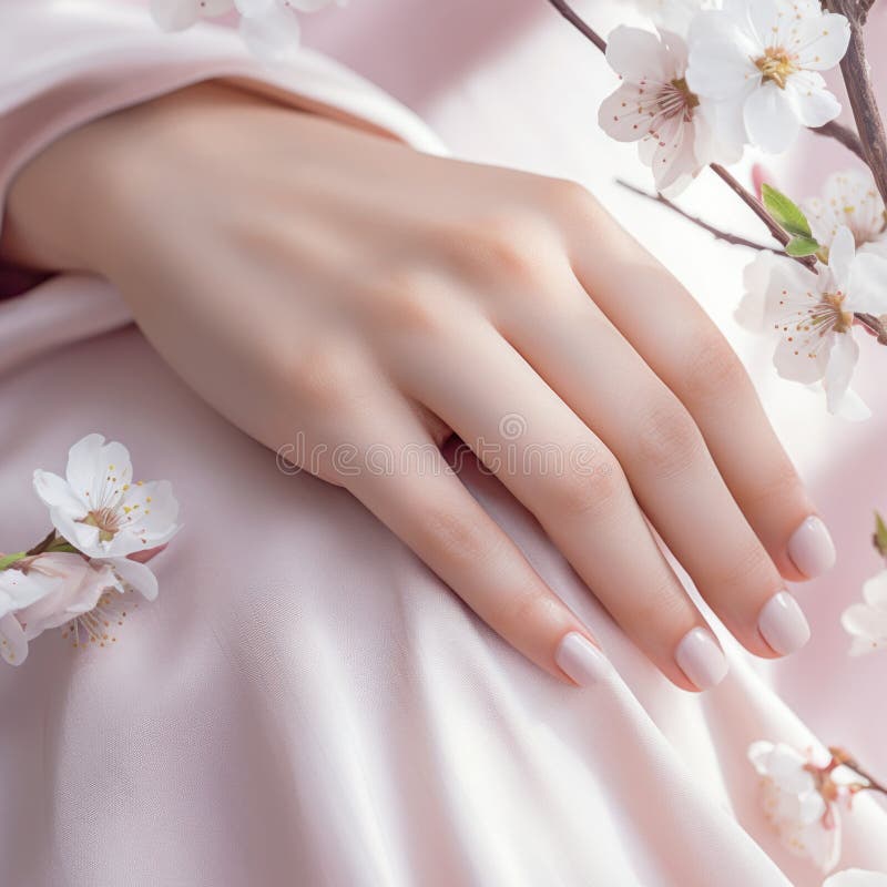 Pale Pink Manicure with Cherry Blossoms in Bloom. AI Generated Stock ...