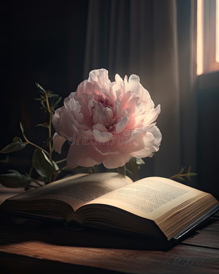 Pale Pink Peony Grows in an Open Book Stock Illustration - Illustration ...