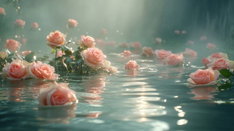 Pale Pink Roses Floating on Water with Soft Reflections and a Misty ...