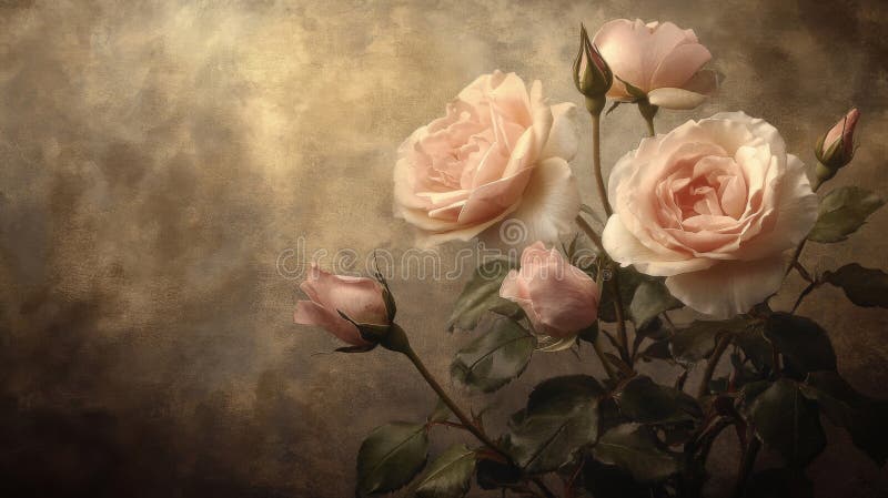 Pale Pink Roses on Textured Golden Background Stock Illustration ...