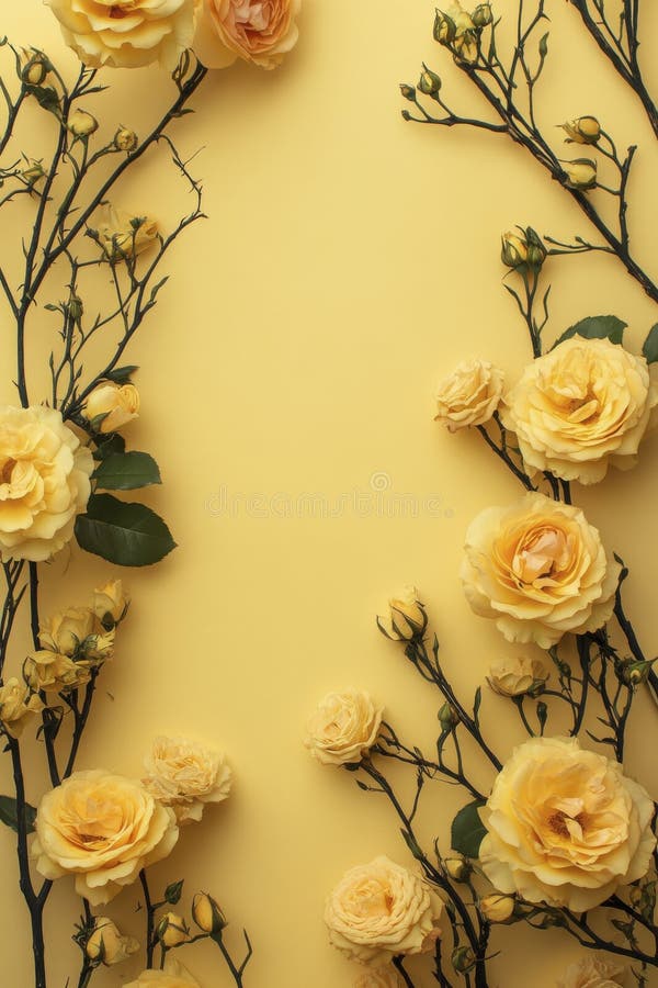 Pale Yellow Rose Frame on Soft Yellow Background Stock Illustration ...